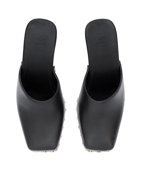 GANNI Leather Square Toe Sculptural Heel Studded Mule Sabots - Black