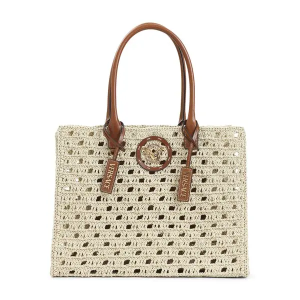 Versace Raffia Large Tote Bag With Leather Handles And Gold-tone Medusa Detail - Multicolor