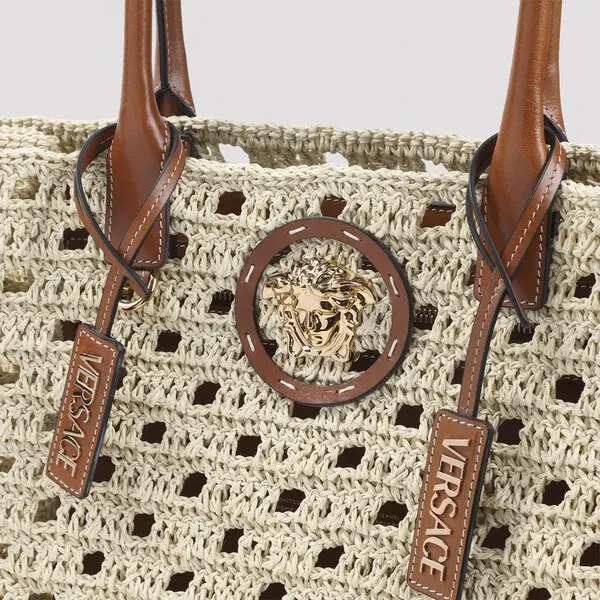 Versace Raffia Large Tote Bag With Leather Handles And Gold-tone Medusa Detail - Multicolor