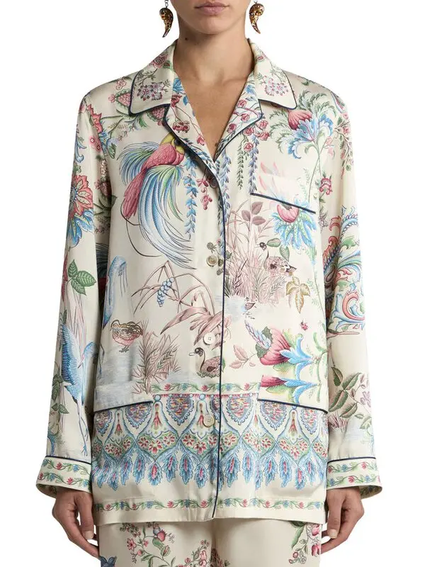 Etro Twill Shirt With Placed Flora And Fauna Print - Multicolor
