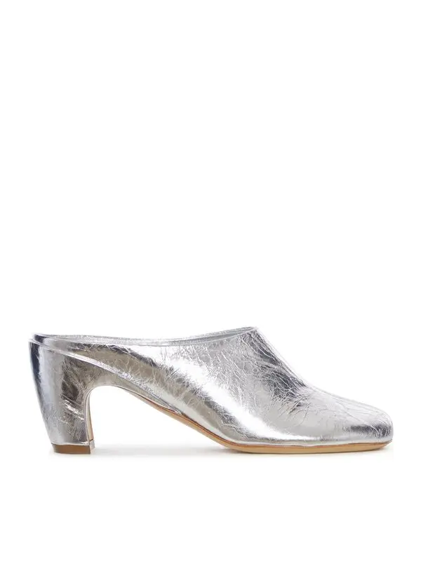 Dries Van Noten Laminated Leather Mules With Metallic Effect - Silver