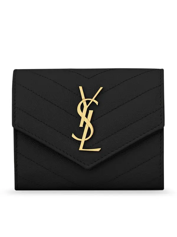 Saint Laurent Cassandre Matelassé Compact Tri-fold Wallet In Grain De Poudre Embossed Leather - Black