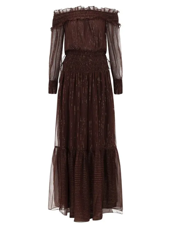 SELF-PORTRAIT Off-the-shoulder Ruffled Maxi Dress With Metallic Accents - Brown