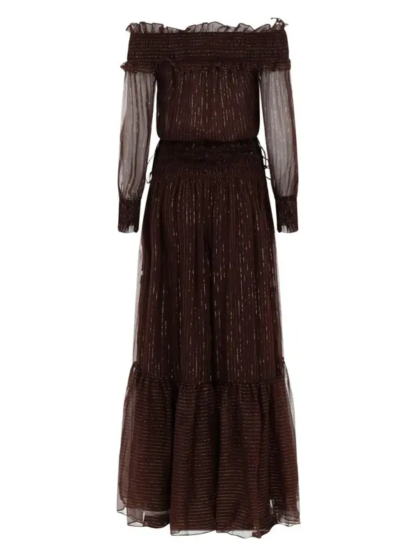 SELF-PORTRAIT Off-the-shoulder Ruffled Maxi Dress With Metallic Accents - Brown
