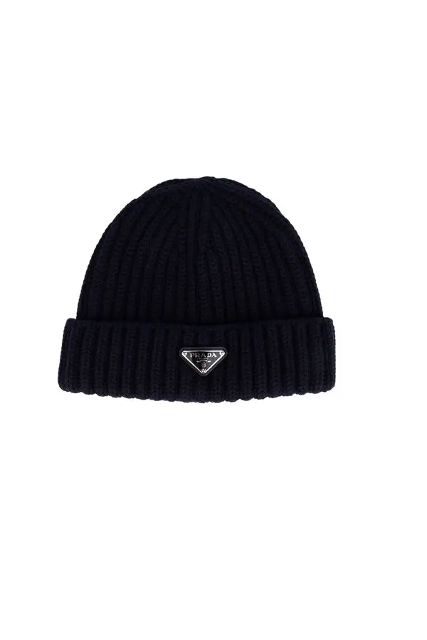 Prada Ribbed Knit Beanie With Logo Detail - Multicolor