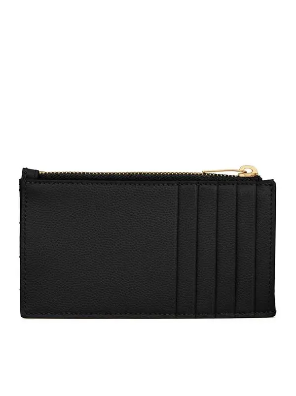 Saint Laurent Cassandre Matelassé Fragments Card Holder With Zip In Powder Grain Embossed Leather - Black