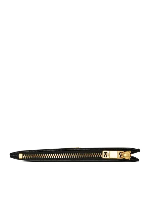Saint Laurent Cassandre Matelassé Fragments Card Holder With Zip In Powder Grain Embossed Leather - Black
