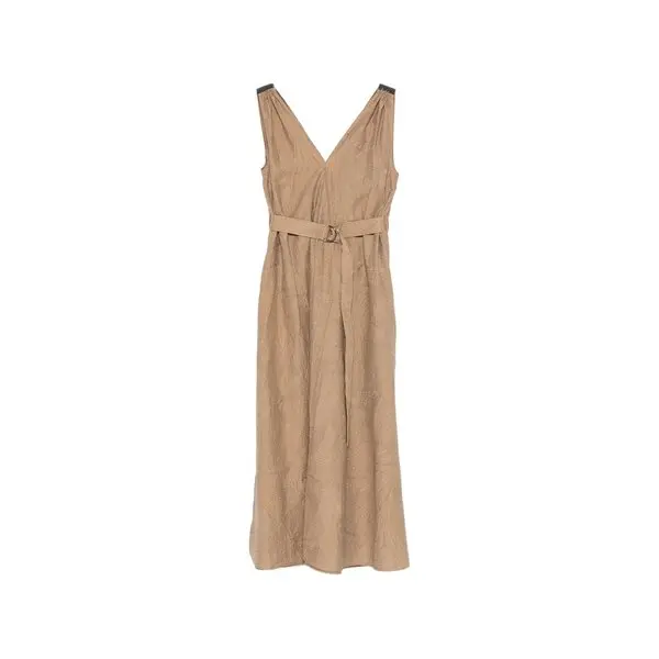 Brunello Cucinelli V-neck Sleeveless Belted Dress - Brown