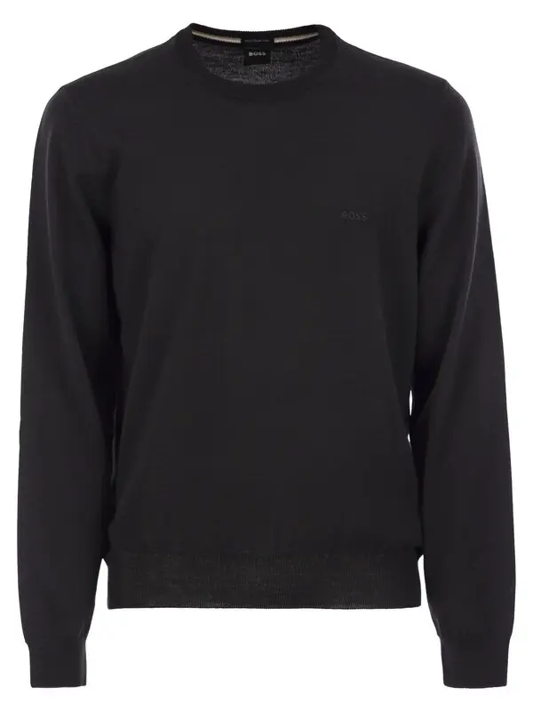 BOSS Virgin Wool Jumper With Embroidered Logo - Black