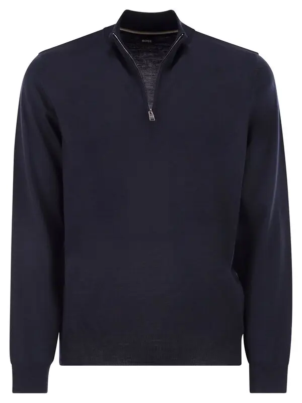 BOSS Virgin Wool Zip Collar Jumper - Blue