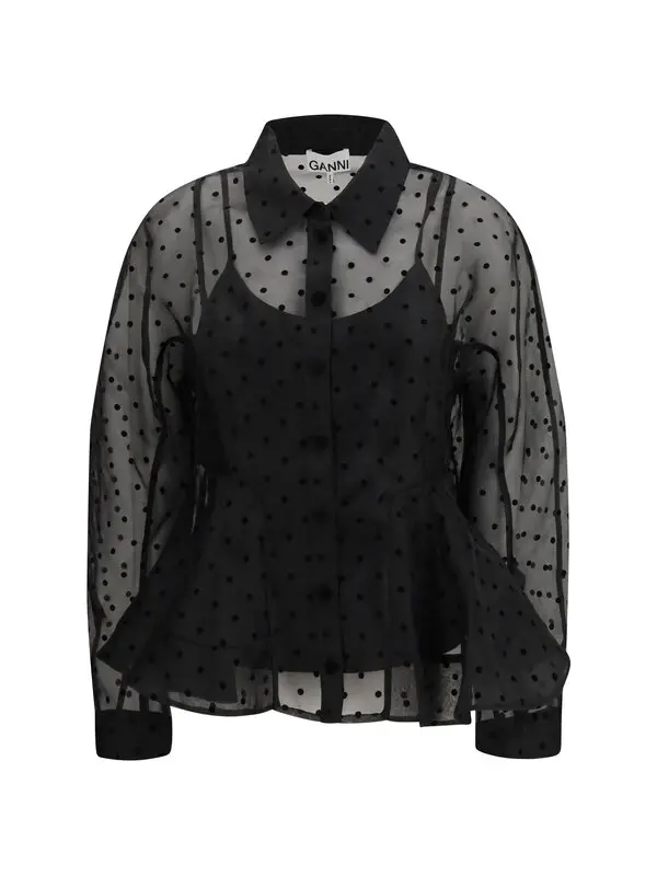GANNI Polka Dot Sheer Organza Peplum Shirt - Black