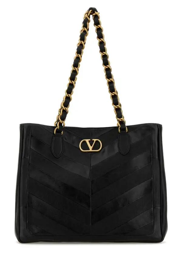 Valentino Garavani Lambskin Leather Shopping Bag With Gold Tone Chain Detail - Black