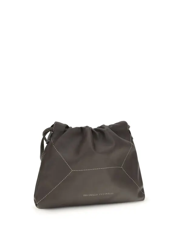 Brunello Cucinelli Leather Shoulder Bag With Drawstring Closure - Brown