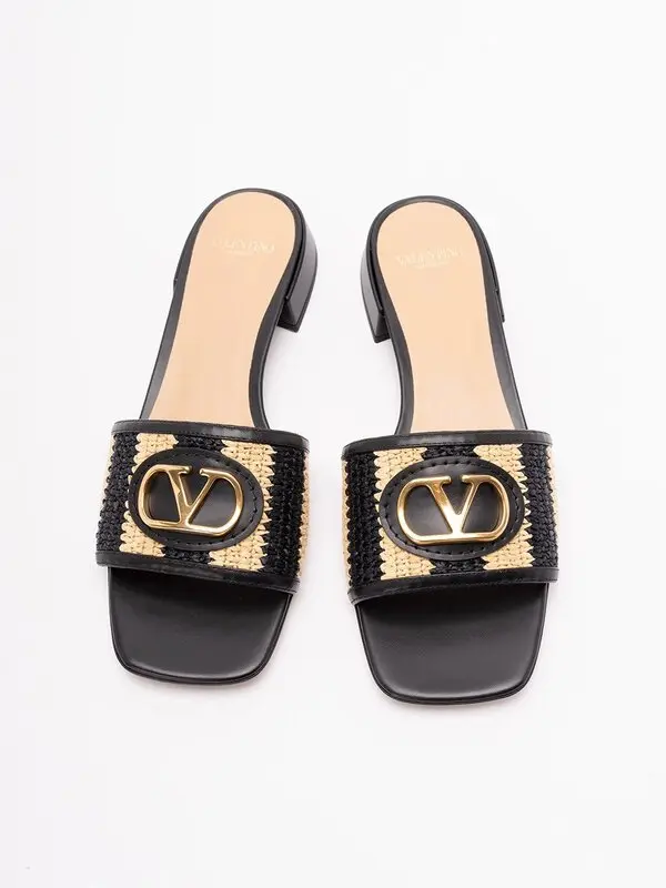 Valentino Garavani Vlogo Signature Raffia Slides - Multicolor