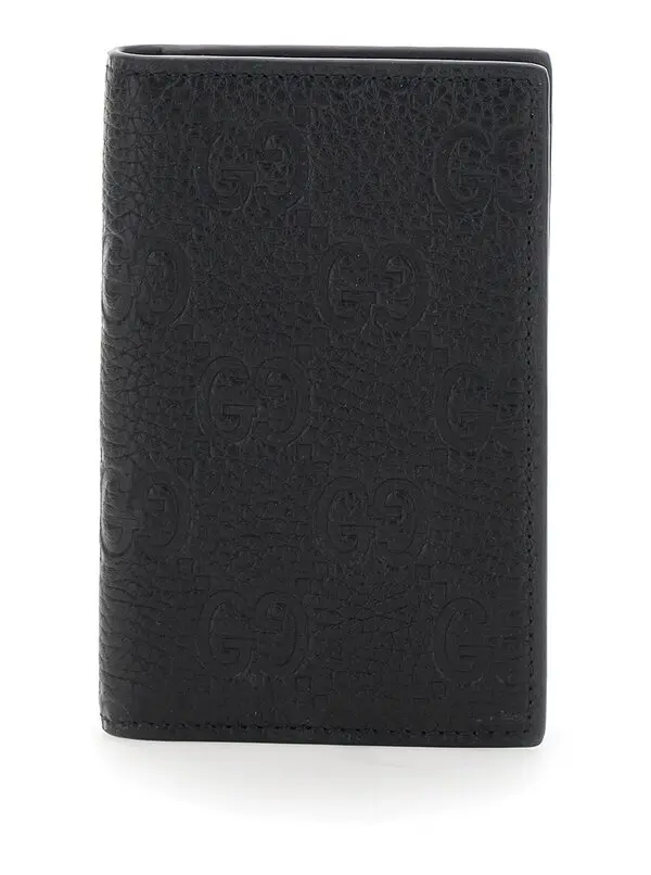 Gucci Black Gg Vertical Bi-fold Wallet In Hammered Leather - Multicolor