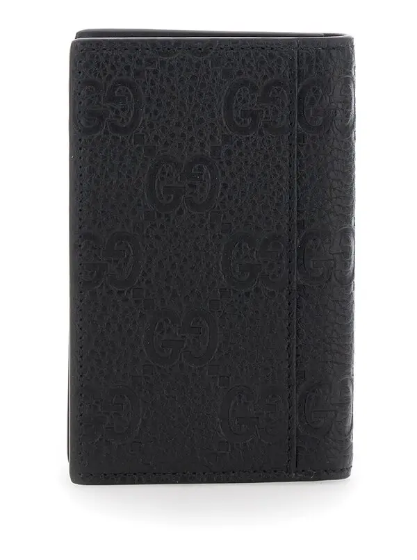 Gucci Black Gg Vertical Bi-fold Wallet In Hammered Leather