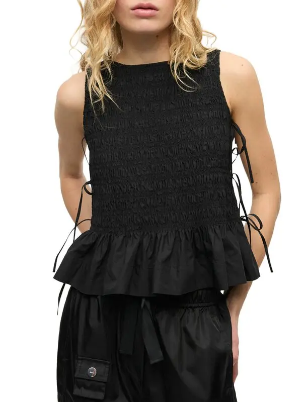 GANNI Cotton Smocked Peplum Top