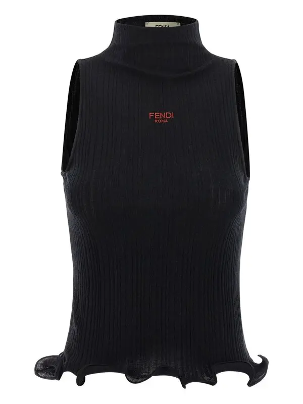 Fendi Ribbed Knit High Neck Tank Top With Ruffle Hem - Multicolor