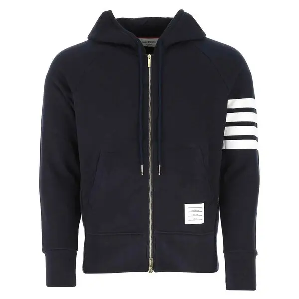 Thom Browne Navy Cotton Zip-up Hoodie With Signature 4-bar Stripe - Blue