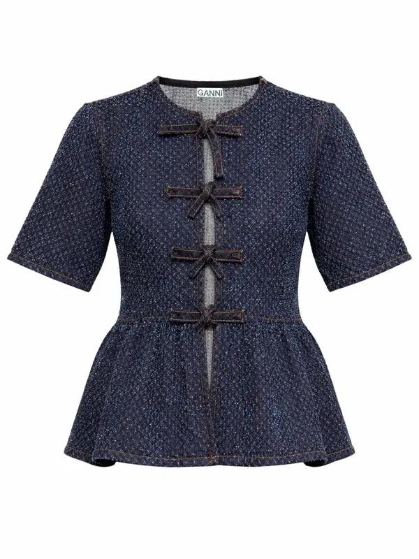 GANNI Peplum Blouse With Bow Detail - Blue