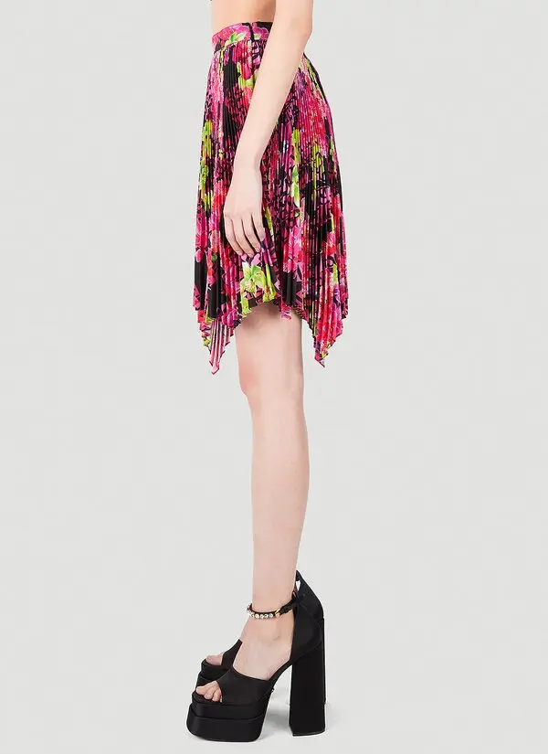 Versace Pleated Floral Logo Asymmetrical Mini Skirt