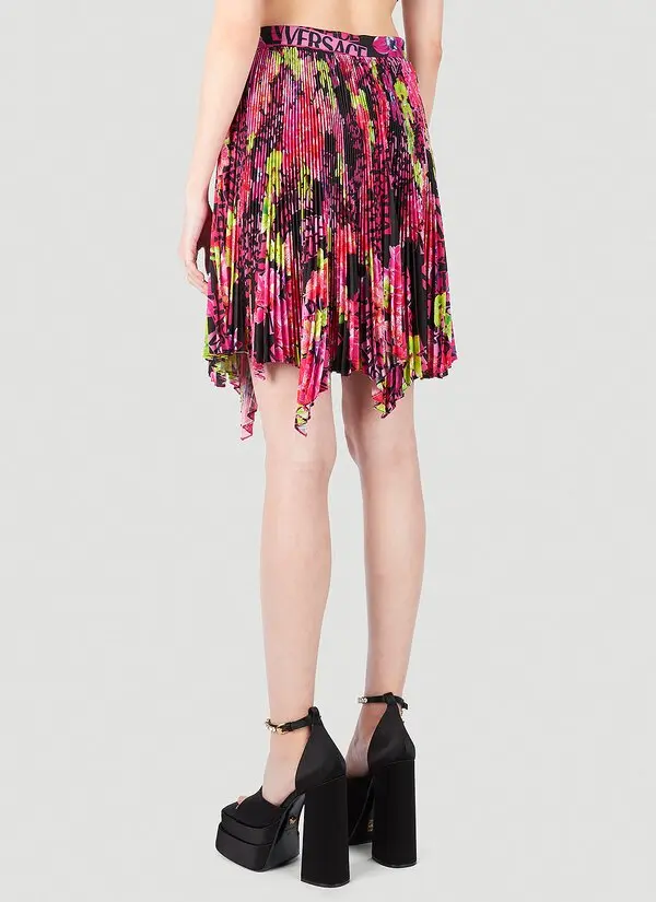 Versace Pleated Floral Logo Asymmetrical Mini Skirt