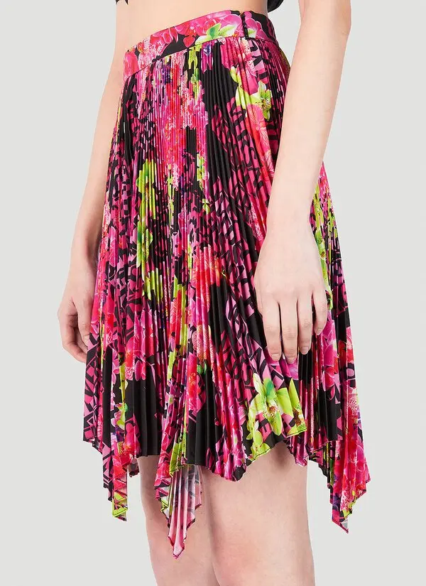 Versace Pleated Floral Logo Asymmetrical Mini Skirt