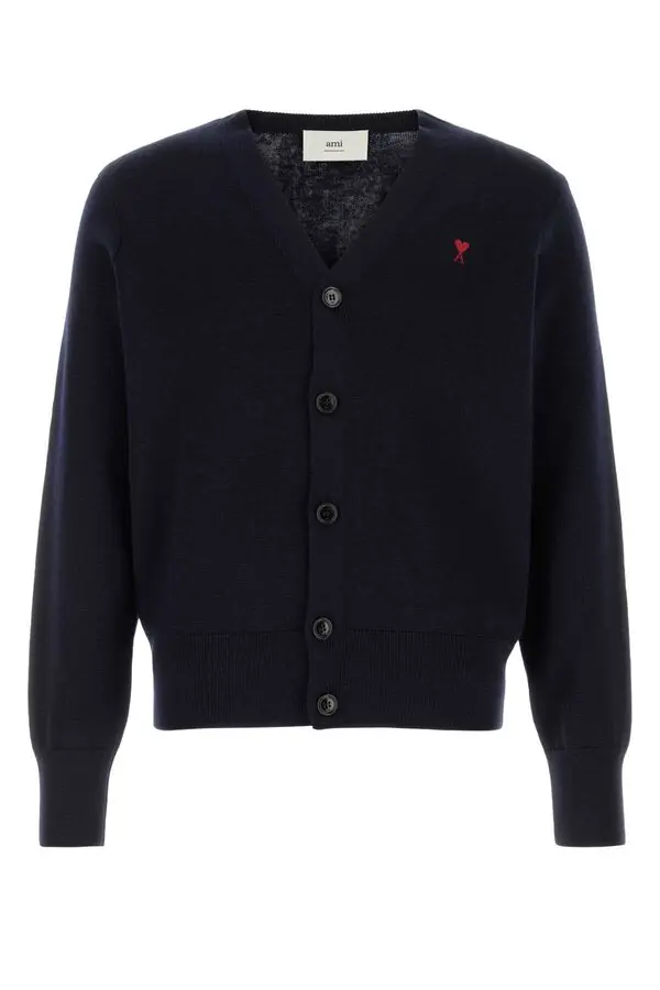 AMI Paris Dark Wool Cardigan With V-neck - Blue
