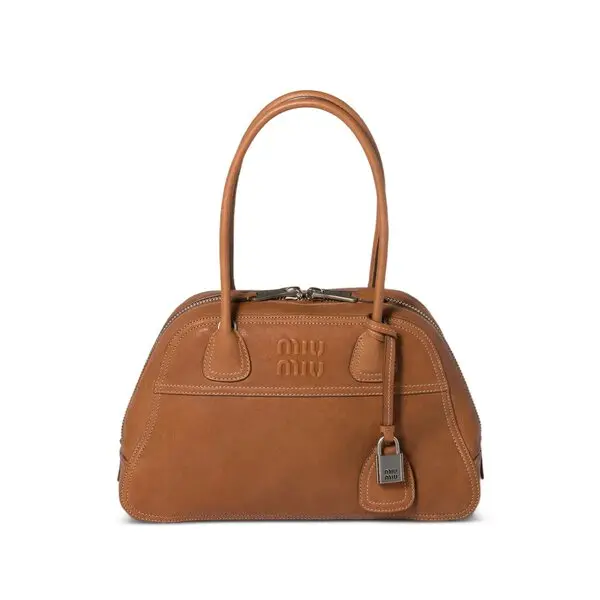 Miu Miu Suede Top Handle Bag With Embossed Logo And Padlock Detail