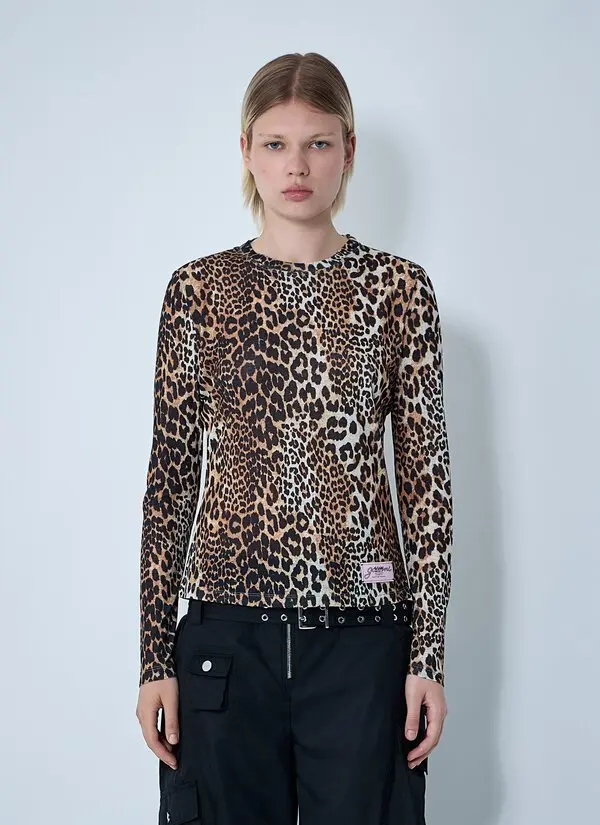 GANNI Leopard Print Mesh Long Sleeve Top - Brown