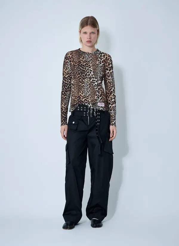 GANNI Leopard Print Mesh Long Sleeve Top