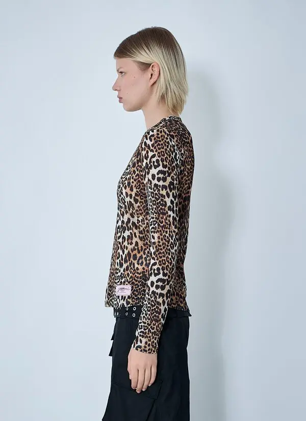 GANNI Leopard Print Mesh Long Sleeve Top
