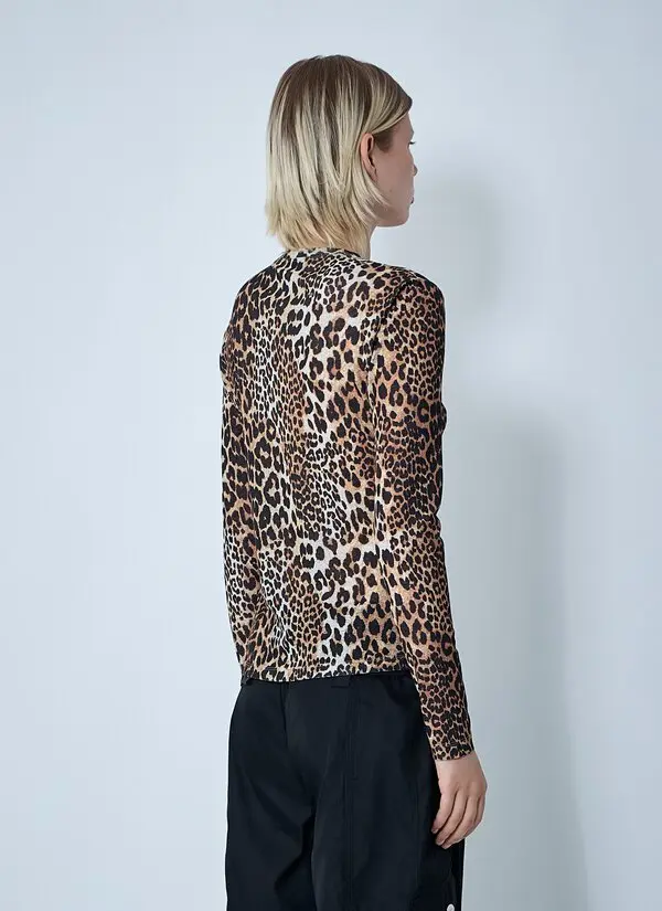 GANNI Leopard Print Mesh Long Sleeve Top
