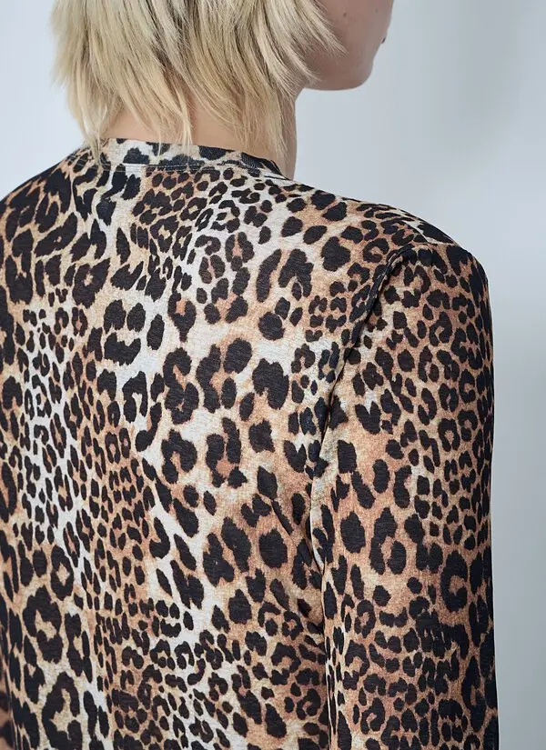 GANNI Leopard Print Mesh Long Sleeve Top