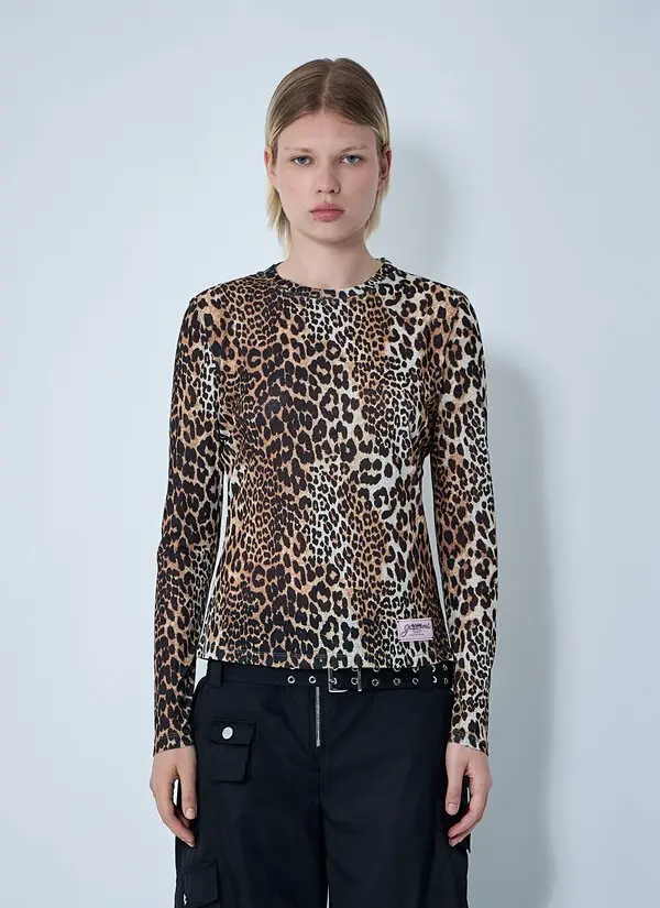 GANNI Leopard Print Mesh Long Sleeve Top