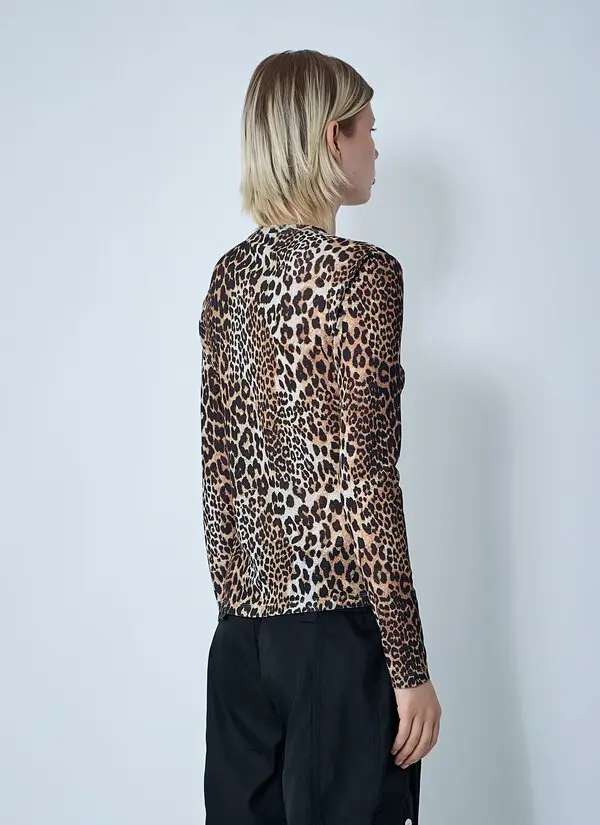 GANNI Leopard Print Mesh Long Sleeve Top