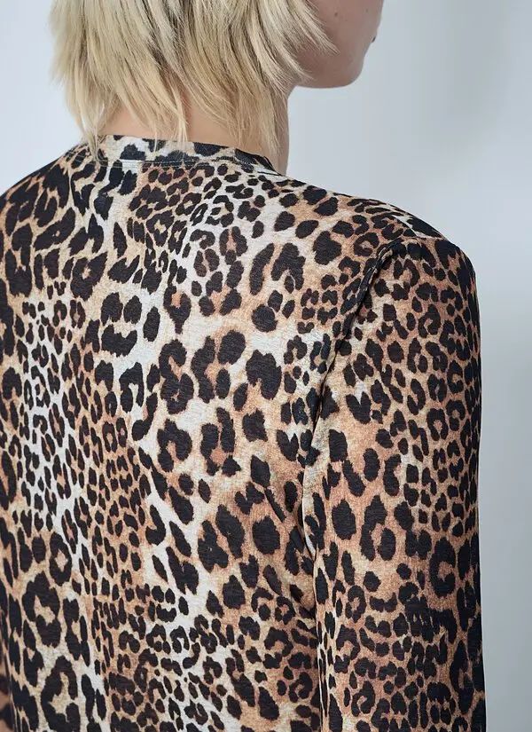 GANNI Leopard Print Mesh Long Sleeve Top