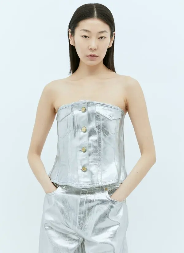 GANNI Foil Denim Corsage Top