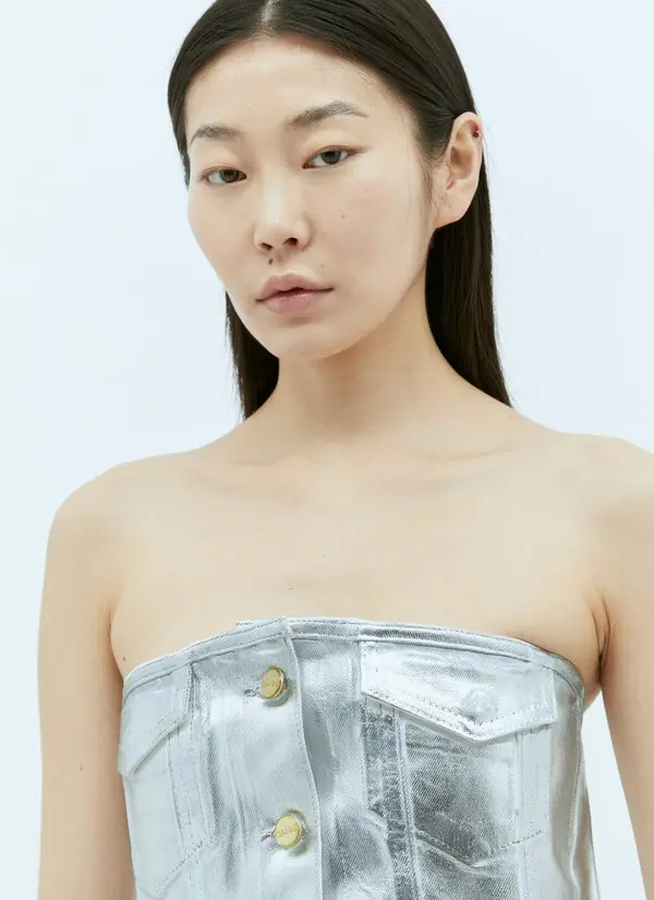 GANNI Foil Denim Corsage Top