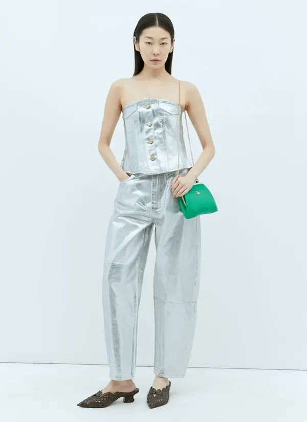 GANNI Foil Denim Corsage Top