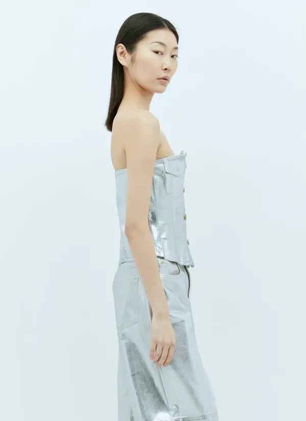 GANNI Foil Denim Corsage Top