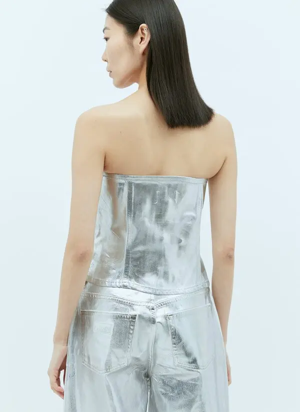 GANNI Foil Denim Corsage Top