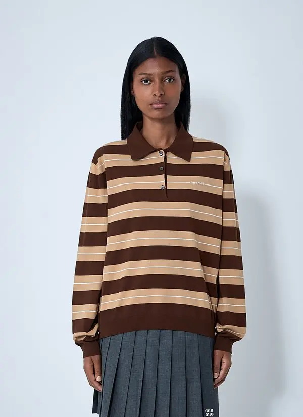 Miu Miu Cotton Striped Long Sleeve Polo Shirt - Brown