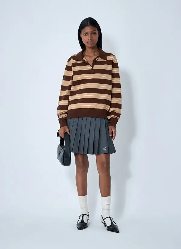 Miu Miu Cotton Striped Long Sleeve Polo Shirt - Brown
