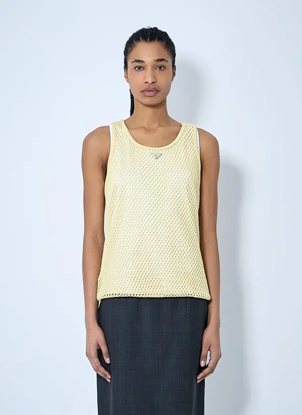Prada Logo Plaque Open-knit Tank Top - Cream