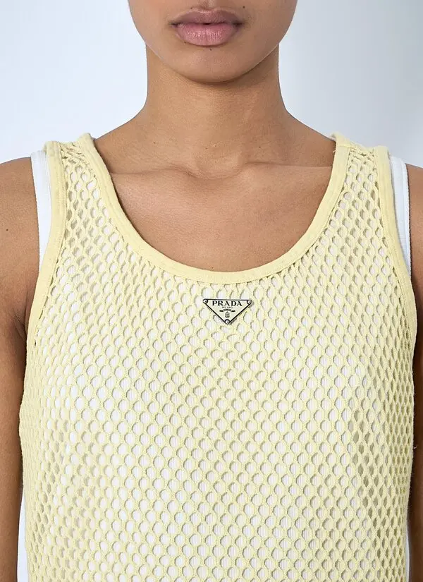 Prada Logo Plaque Open-knit Tank Top - Cream