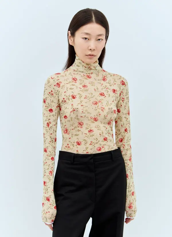 Prada Printed Stretch Tulle High Neck Bodysuit