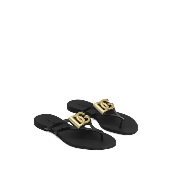 Dolce & Gabbana Flat Thong Sandals With Gold-tone Hardware - Black