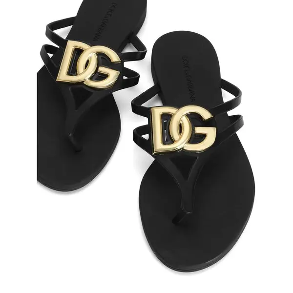 Dolce & Gabbana Flat Thong Sandals With Gold-tone Hardware - Black