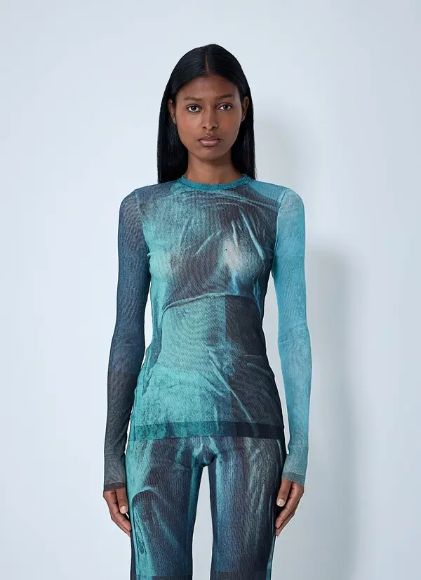JEAN PAUL GAULTIER Water Print Mesh Long Sleeve Top - Blue